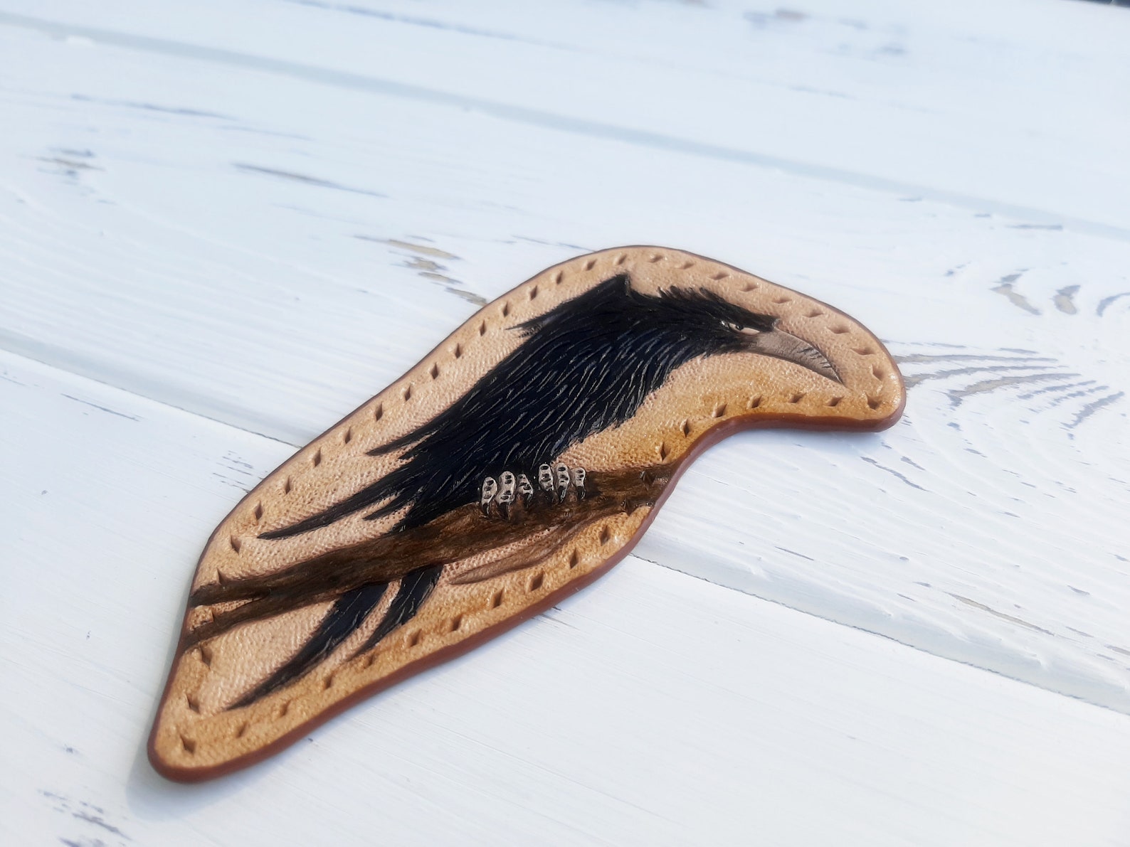 Leather Raven Patch, Crow, Custom Leather Biker Patch, Clothing Patch ...