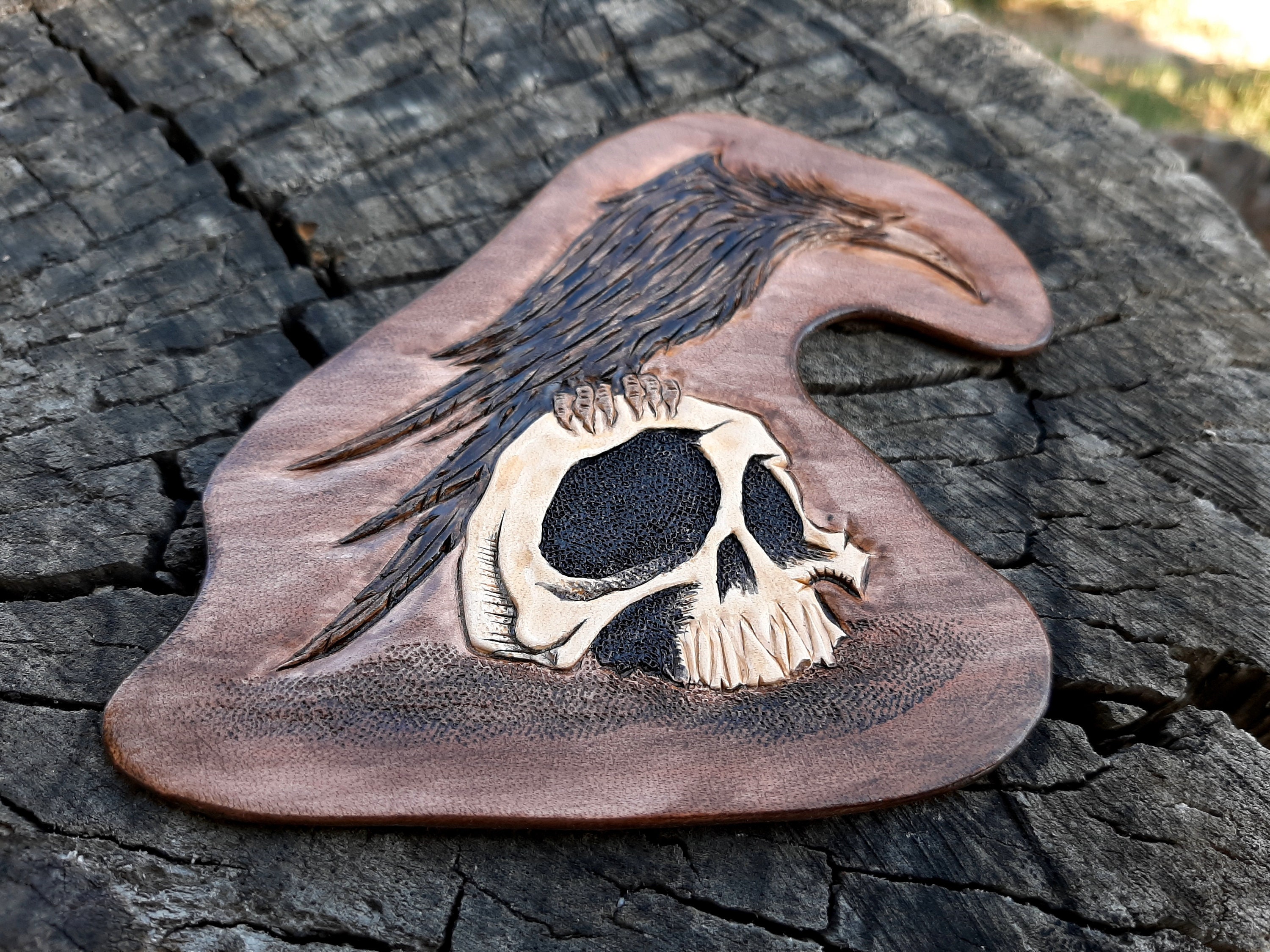 Leather Skull and Raven Patch Crow Carved Leather Biker - Etsy