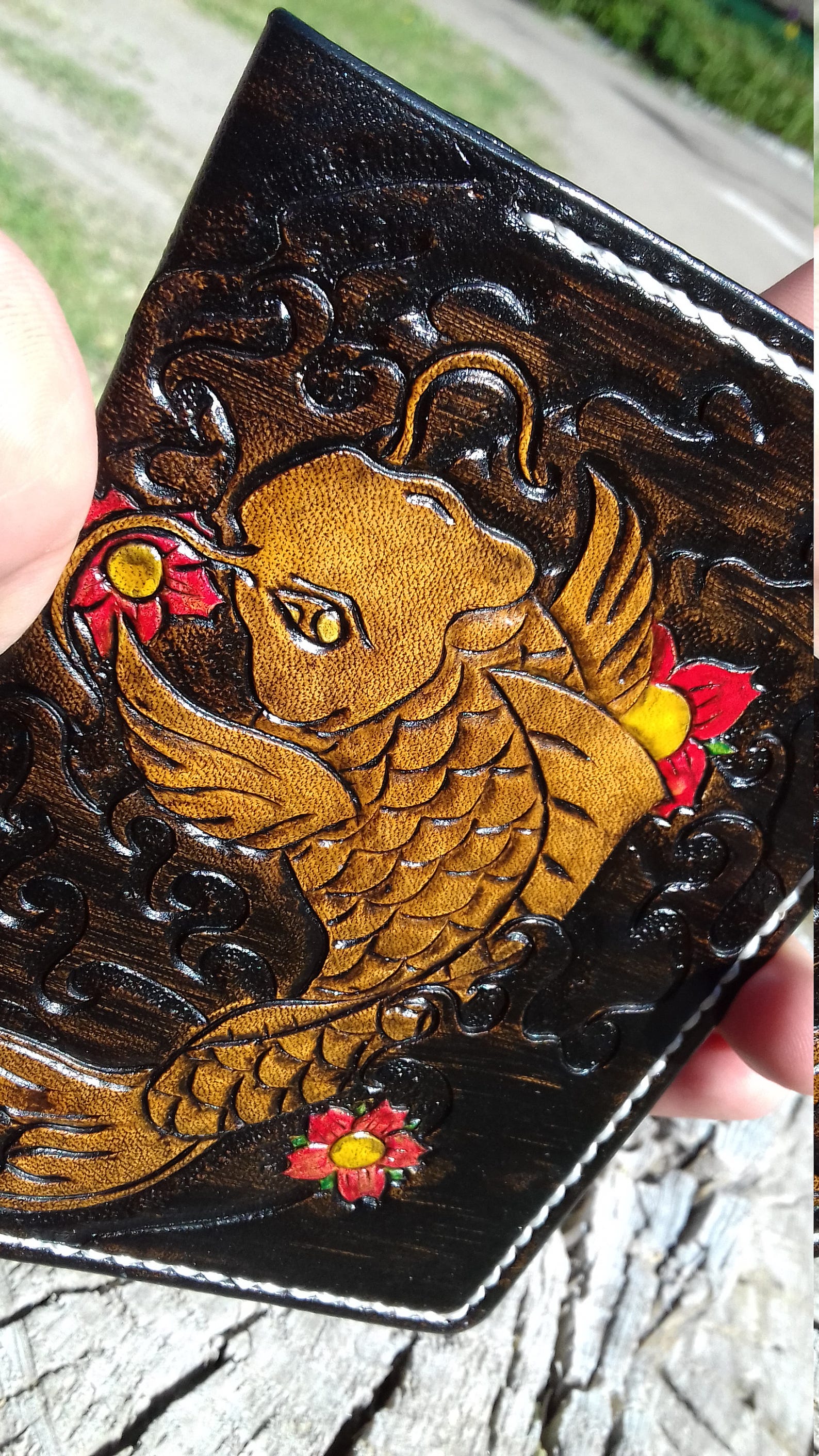 Leather passport cover with fish Leather carving wallet Koi | Etsy