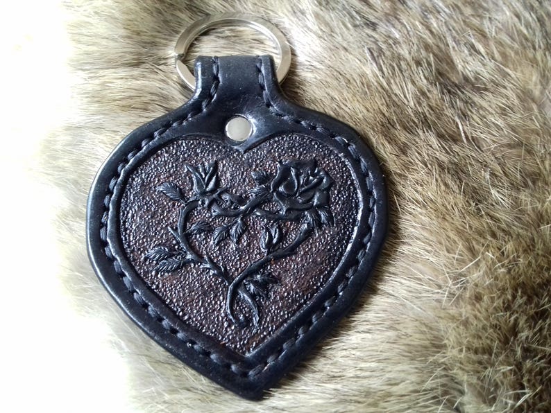 Personalized Leather Keychain Leather Heart Key Fob Flower | Etsy