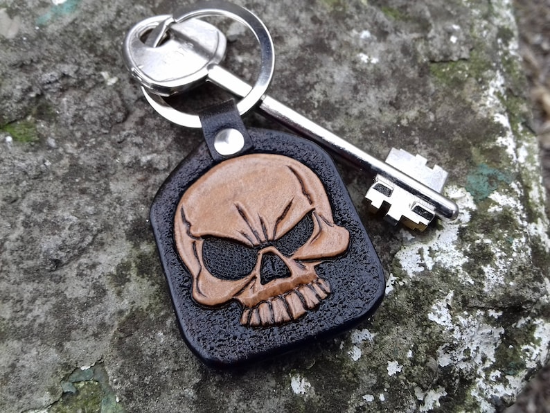Skull Keychain Skull Leather Keychain Skull Key Fob Custom - Etsy