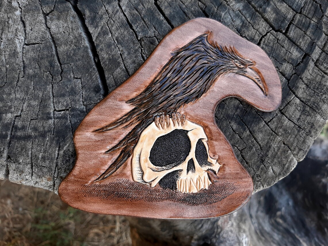 Leather Skull and Raven Patch, Crow, Carved Leather, Biker Patch ...