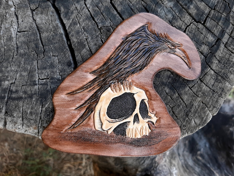 Leather Skull and Raven Patch Crow Carved Leather Biker - Etsy