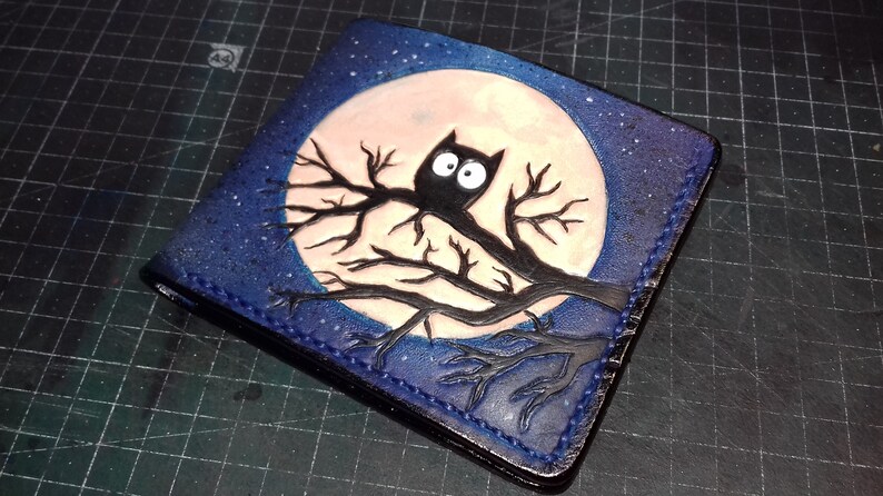 Carved leather wallet Owl Moon Short biker wallets Shadow | Etsy
