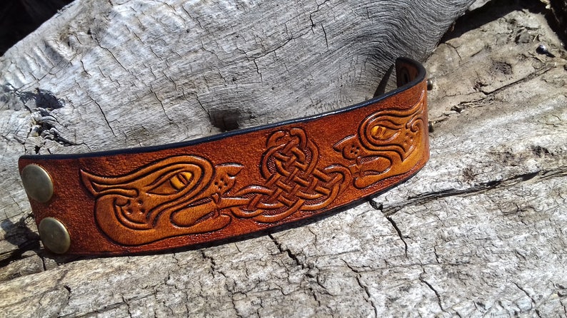 Viking Bracelet Leather, Celtic Dog Head, Celtic Leather Bracelet ...