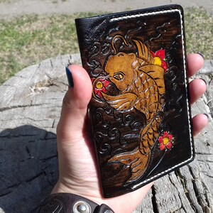Leather Passport Cover With Fish, Leather Carving Wallet, Koi Carp ...