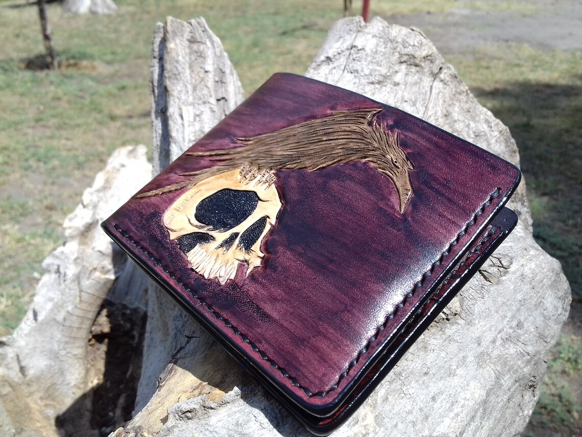 Leather Skull and Raven Wallet Biker Wallet Bifold Crow | Etsy