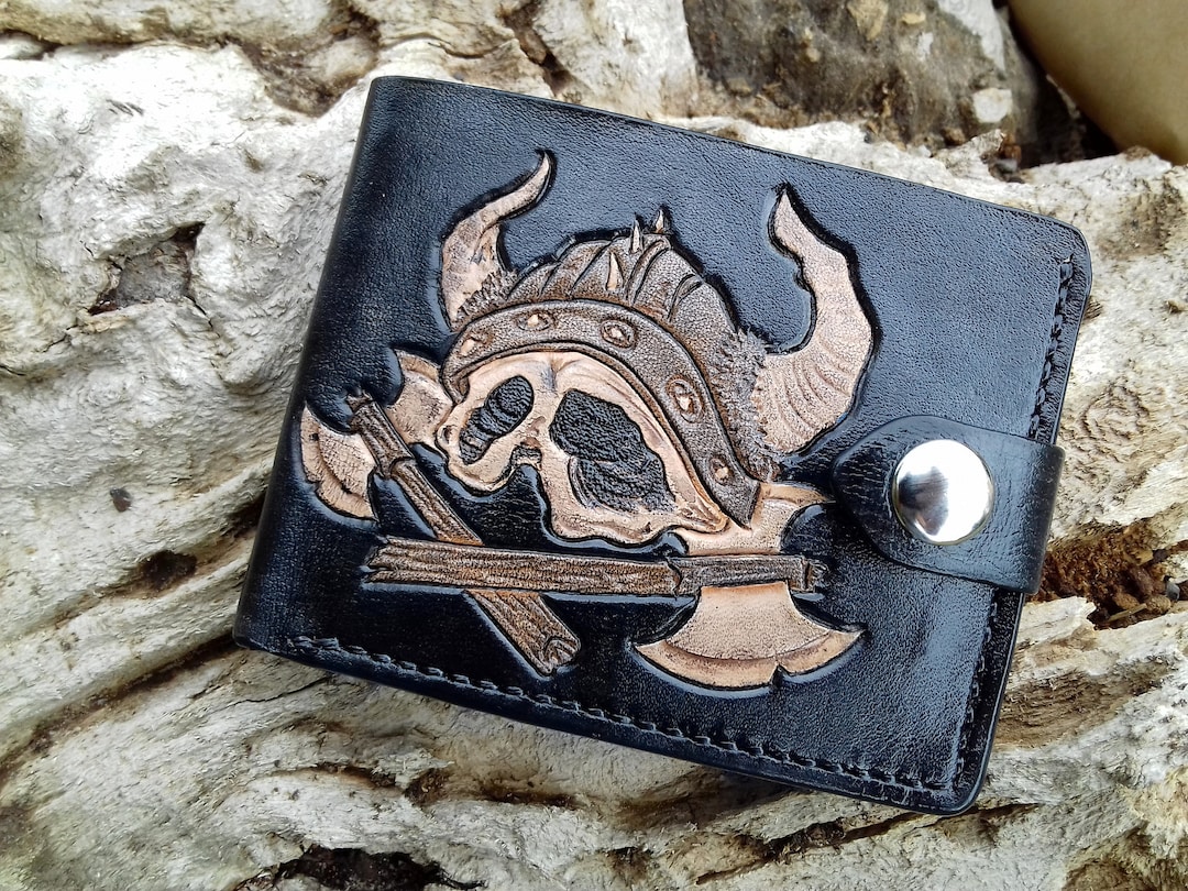 The Skull of the Viking With the Axe, Viking Wallet, Skull Carving ...