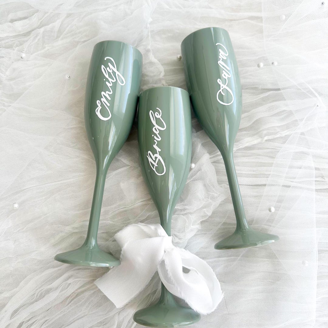 Sage Green Bridesmaid Champagne Flutes Acrylic Wedding Glass Bridal ...