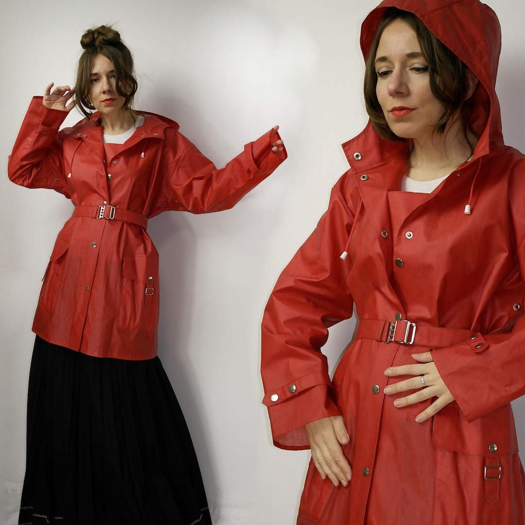 Finnish Rukka PVC Rain Jacket Vintage Red Rain Jacket Vinyl Jacket With the Hood Made in Finland ...