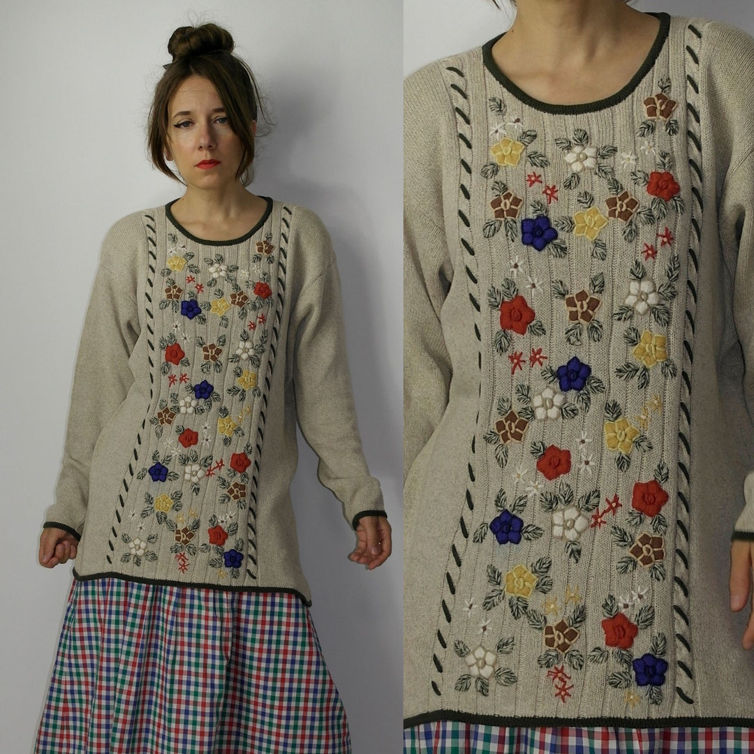Vintage Austrian German Trachten Linen Blend Sweater / Embroidered ...