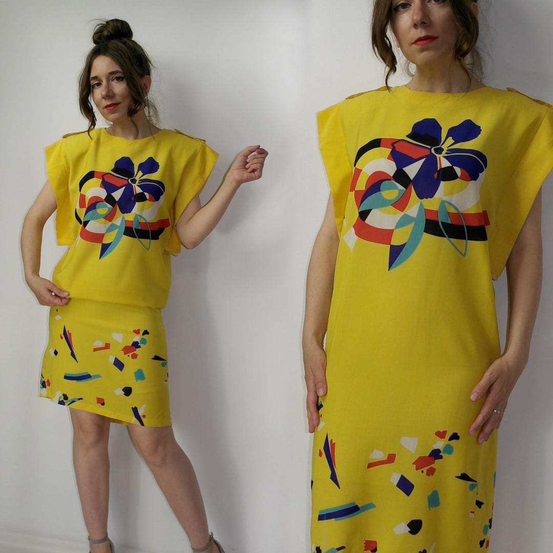 Vintage 80s Yellow Graphic Print Dress | Bold Abstract Floral Matisse ...