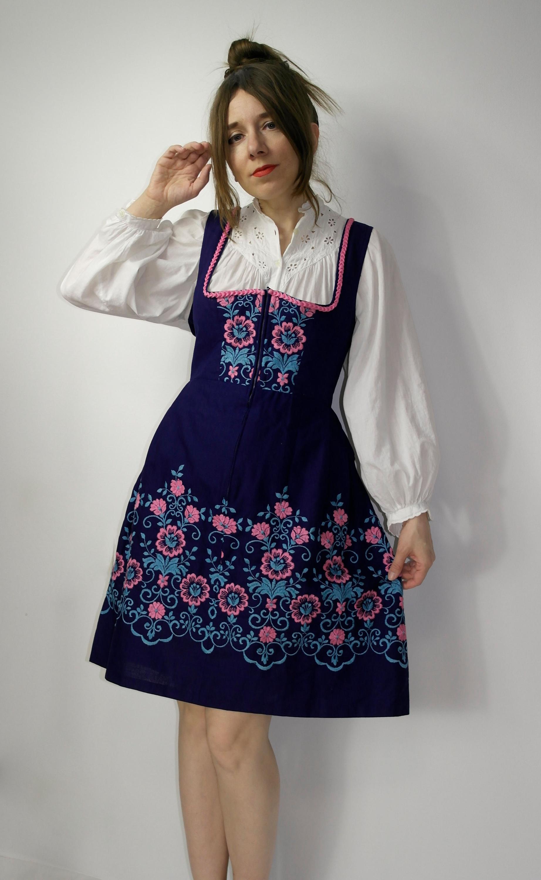 Trachten Dirndl Floral Embroidery Dress / Blue Embroidered Dirndl / Mid ...