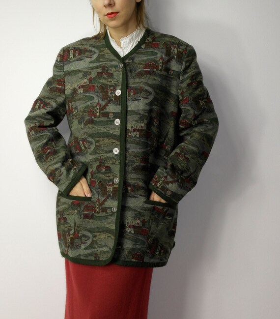 Vintage trachten Wool folk town scene Jacket / Meico… - Gem