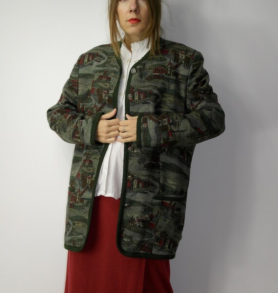 Vintage trachten Wool folk town scene Jacket / Meico… - Gem