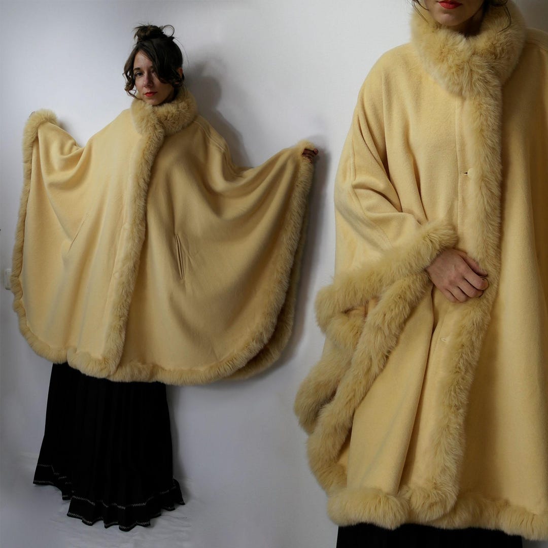Vintage Wool Cashmere Cape / Voss Poncho Coat Jacket / Elegant Faux Fur ...