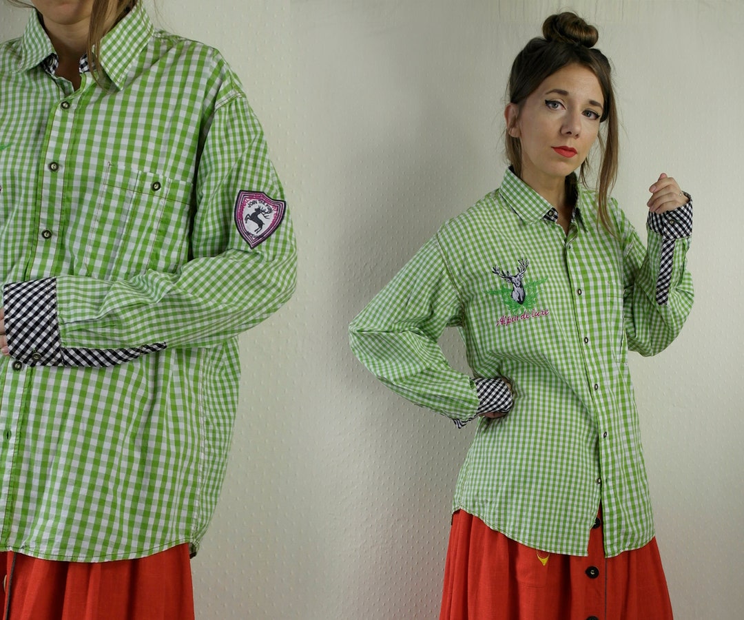 Vintage Trachten Shirt / Alpin Plaid Checkered Top / Long Sleeves ...