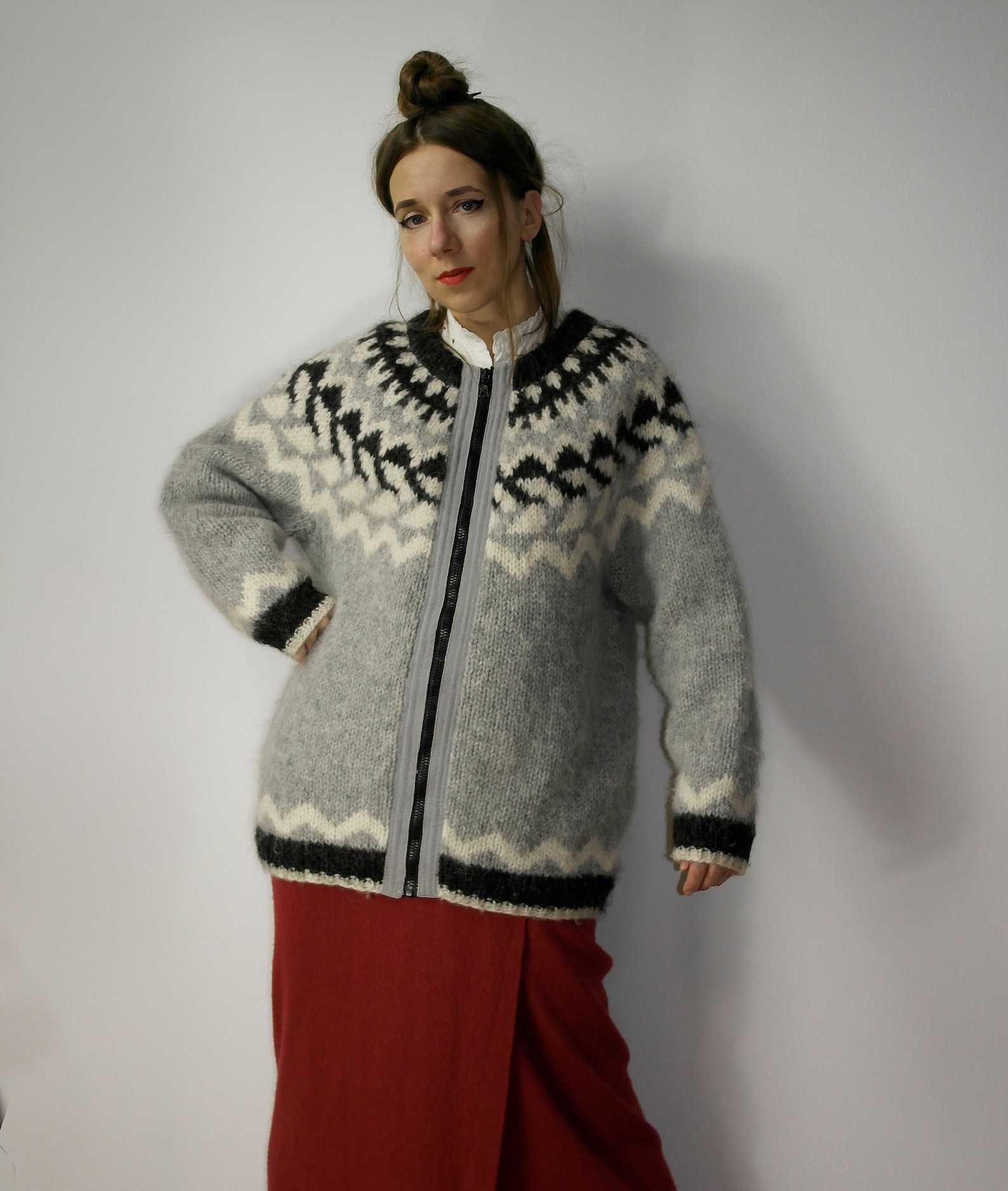 Vintage Icelandic Handmade Wool Sweater / Icelandic Folk Zip up ...