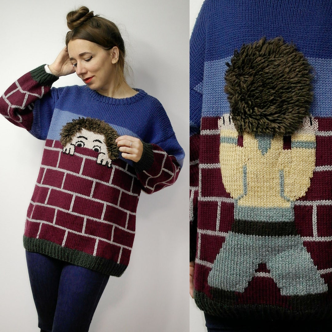 Vintage Hair Head Peaking Over a Brick Wall Sweater / Handmade Peter Gs ...