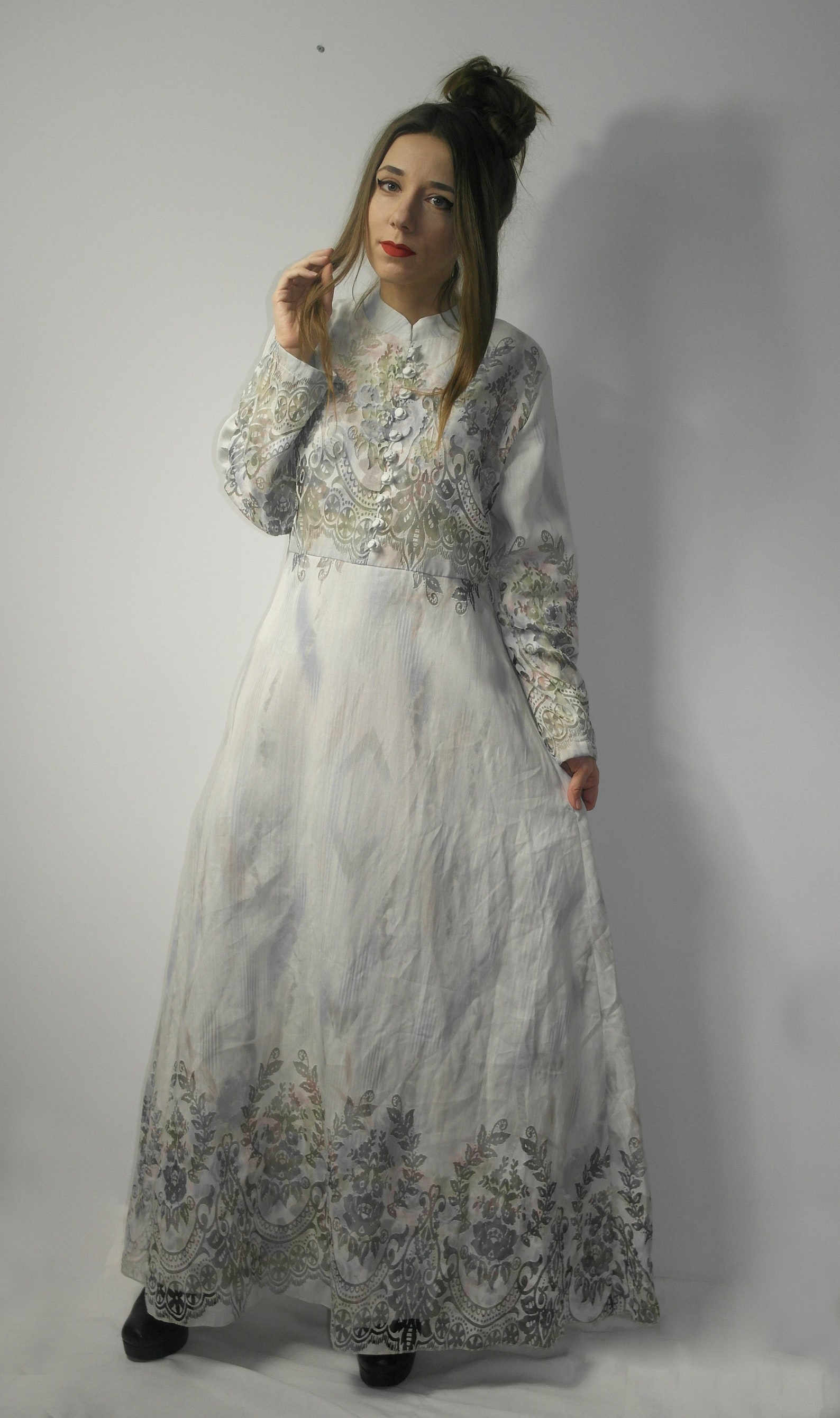 Maxi Modest Dress / Floral Turkish Dress / White Maxi Dress With Floral ...