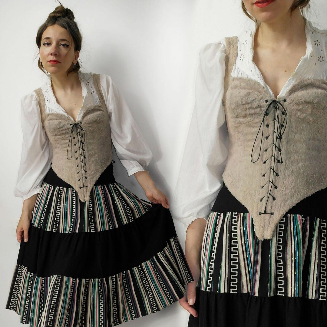 Vintage Lace-up Corset Top – Beige Fur Like Bodice With Pointed Hem ...
