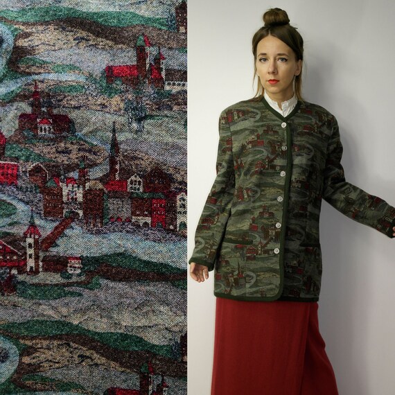 Vintage trachten Wool folk town scene Jacket / Meico… - Gem