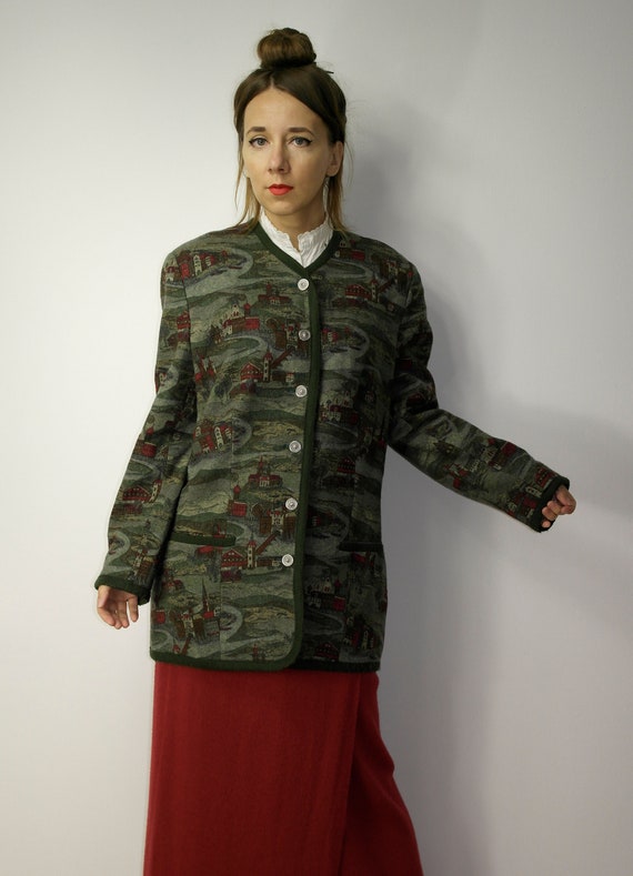 Vintage trachten Wool folk town scene Jacket / Meico… - Gem