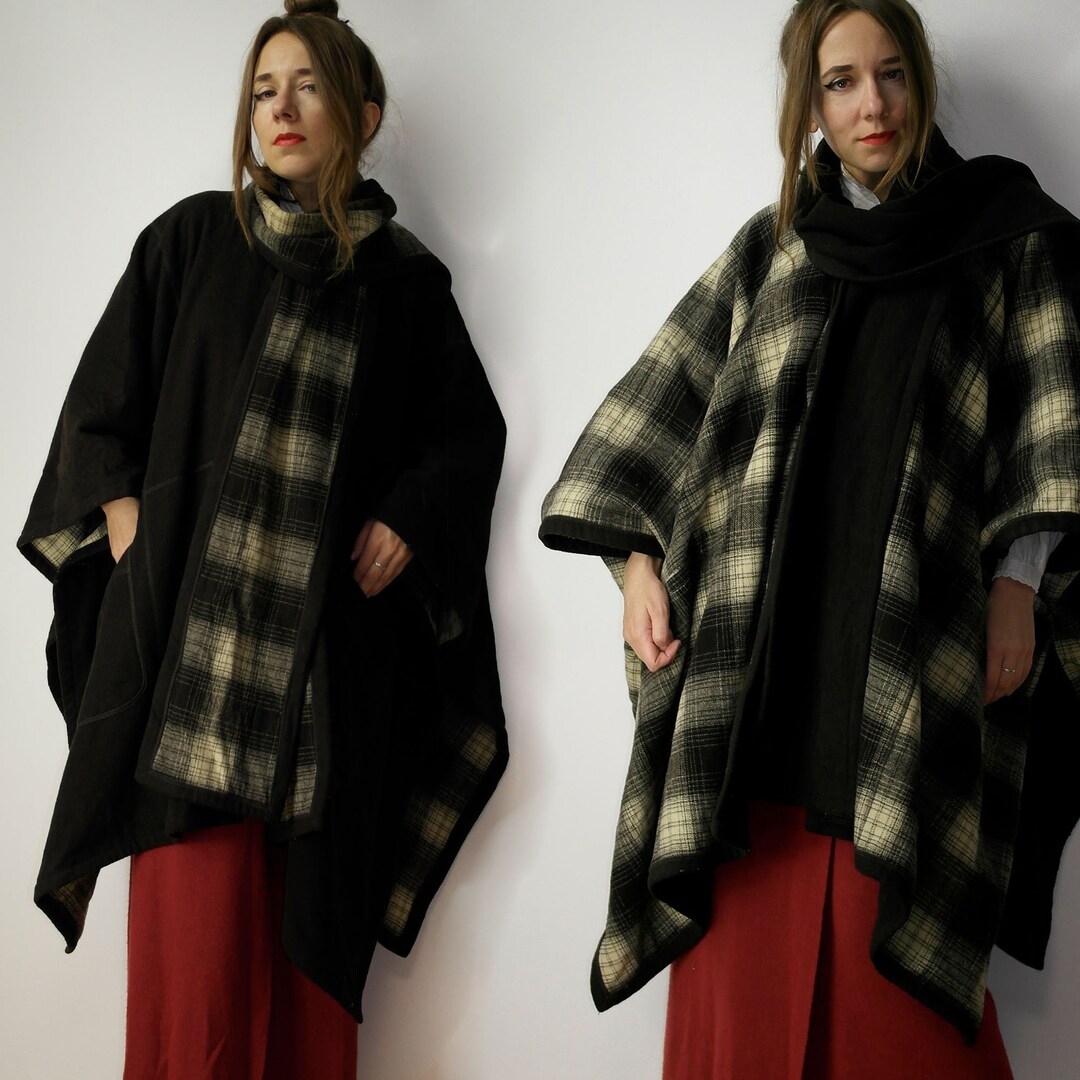 Vintage Winter Wool Poncho / Reversible Brown Plaid Checkered Cape ...
