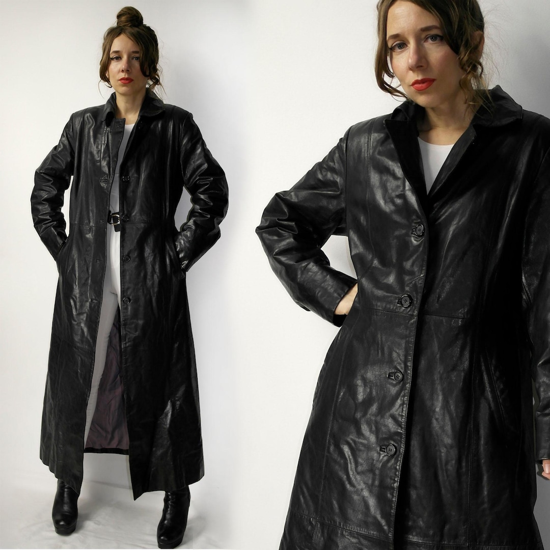 Vintage Maxi Long Black Leather Jacket / Black Fitted Spy Jacket Coat ...
