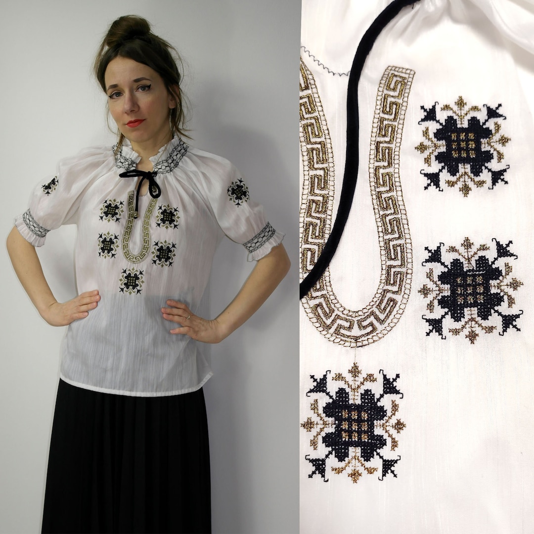 Greek Embroidered Folk Blouse / 90s Floral Peasant Blouse / Greece ...