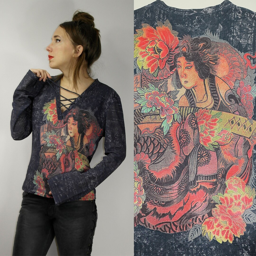 Y2K JET SET Jet-set Ski Fashion Japanese Tattoo Top / Lace up Neckline ...