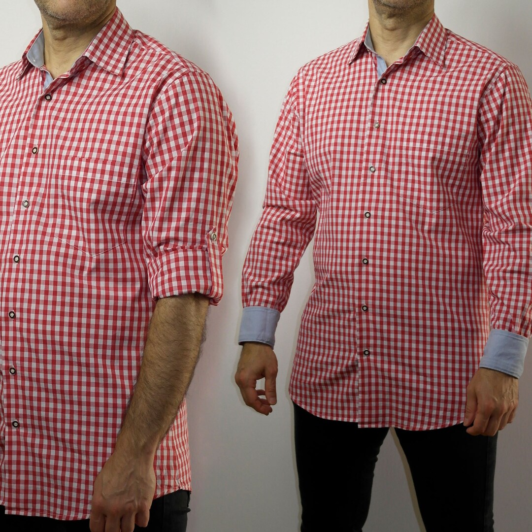 Vintage German Trachten Men Shirt / Red Plaid Checkered Top / Long ...