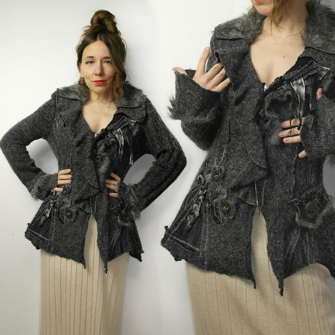 Y2K Juju & Christine Sweater Jacket / Boho Faux Fur Sweater / 00s Steam ...
