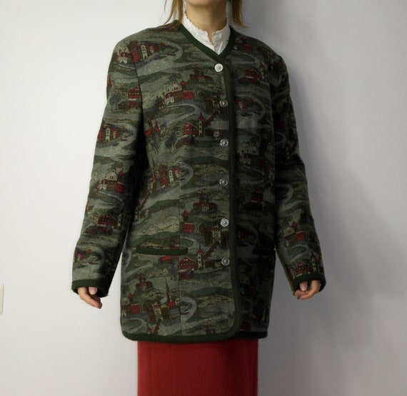Vintage trachten Wool folk town scene Jacket / Meico… - Gem