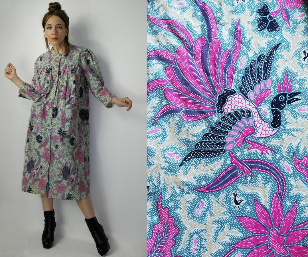 Vintage Bird Peacock Dress / Handmade Floral Button Down Dress / Bright ...