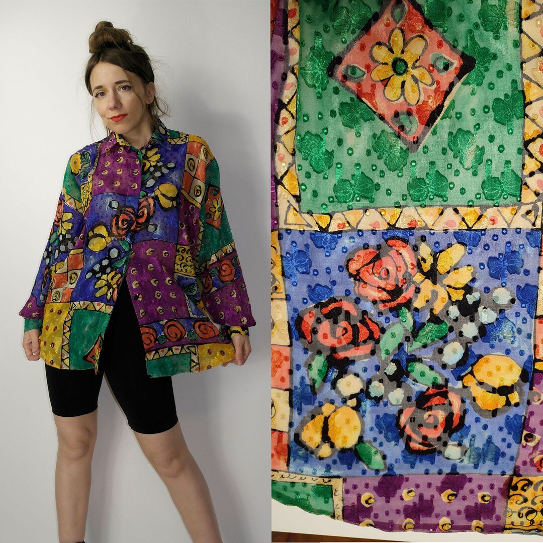 Vintage 80s French Stained Glass Blouse / CORINNE H PARIS Button Down ...