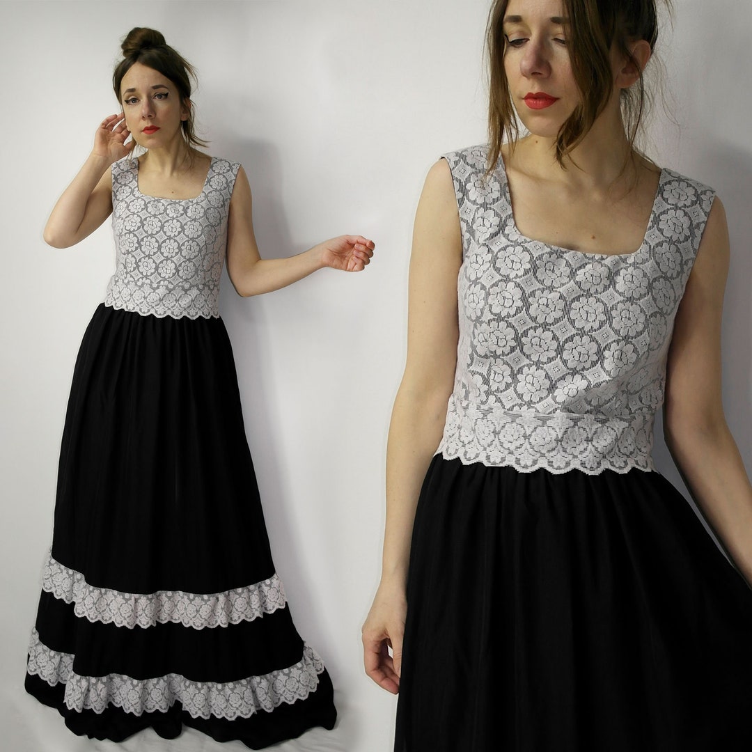 Vintage 70s Lace EMILIANA WENDEL Dress / Black White Sleeveless A Line ...