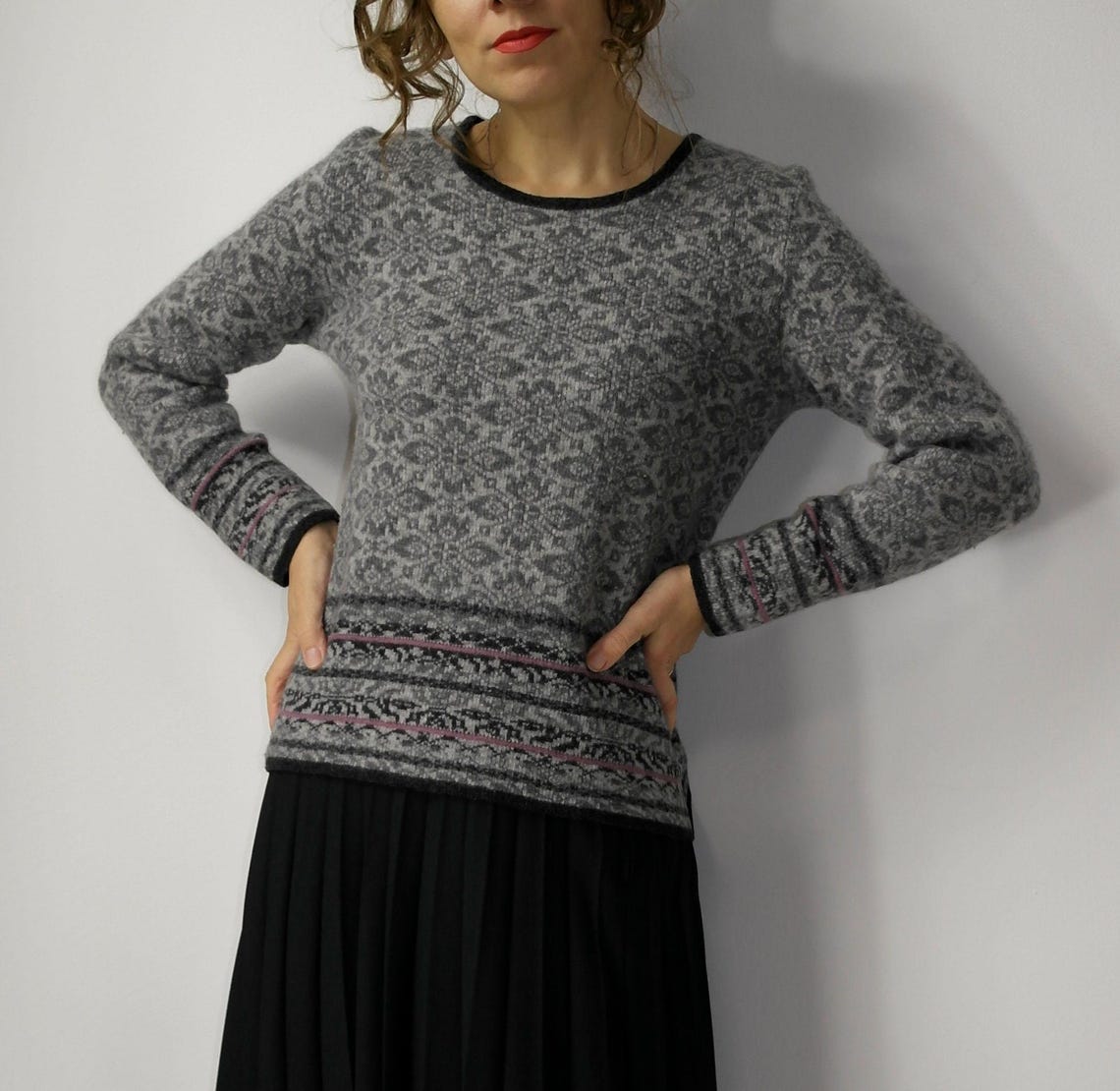 Floral Wool Sweater / Heidekonigin Wool Sweater / Grey Wool Sweater ...
