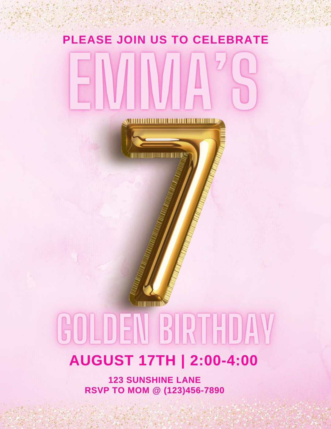 Golden 7th Birthday Invite - Etsy