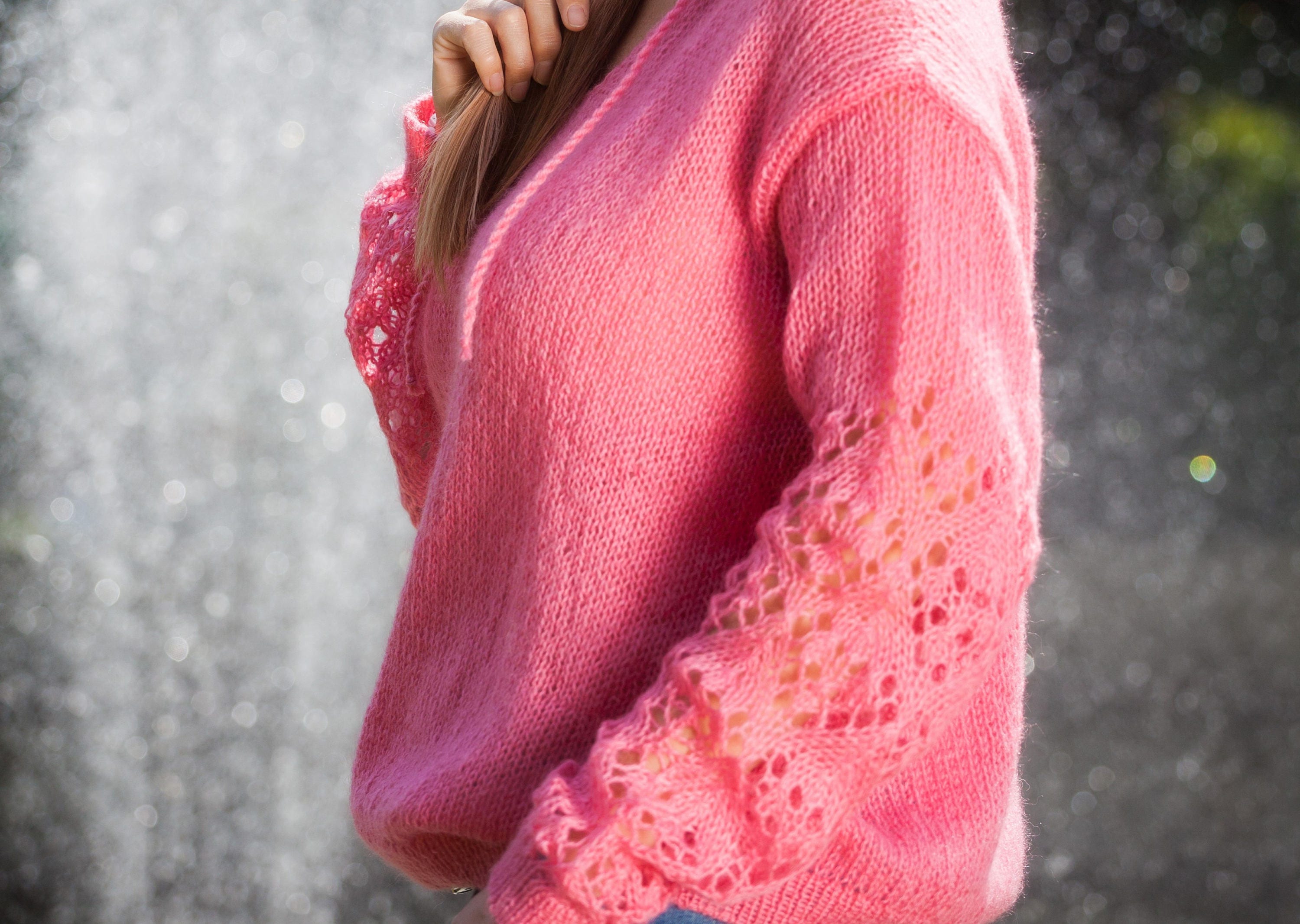 PINK Mohair Sweater Loose Knit Summer Sweater Lace Sleeves - Etsy UK
