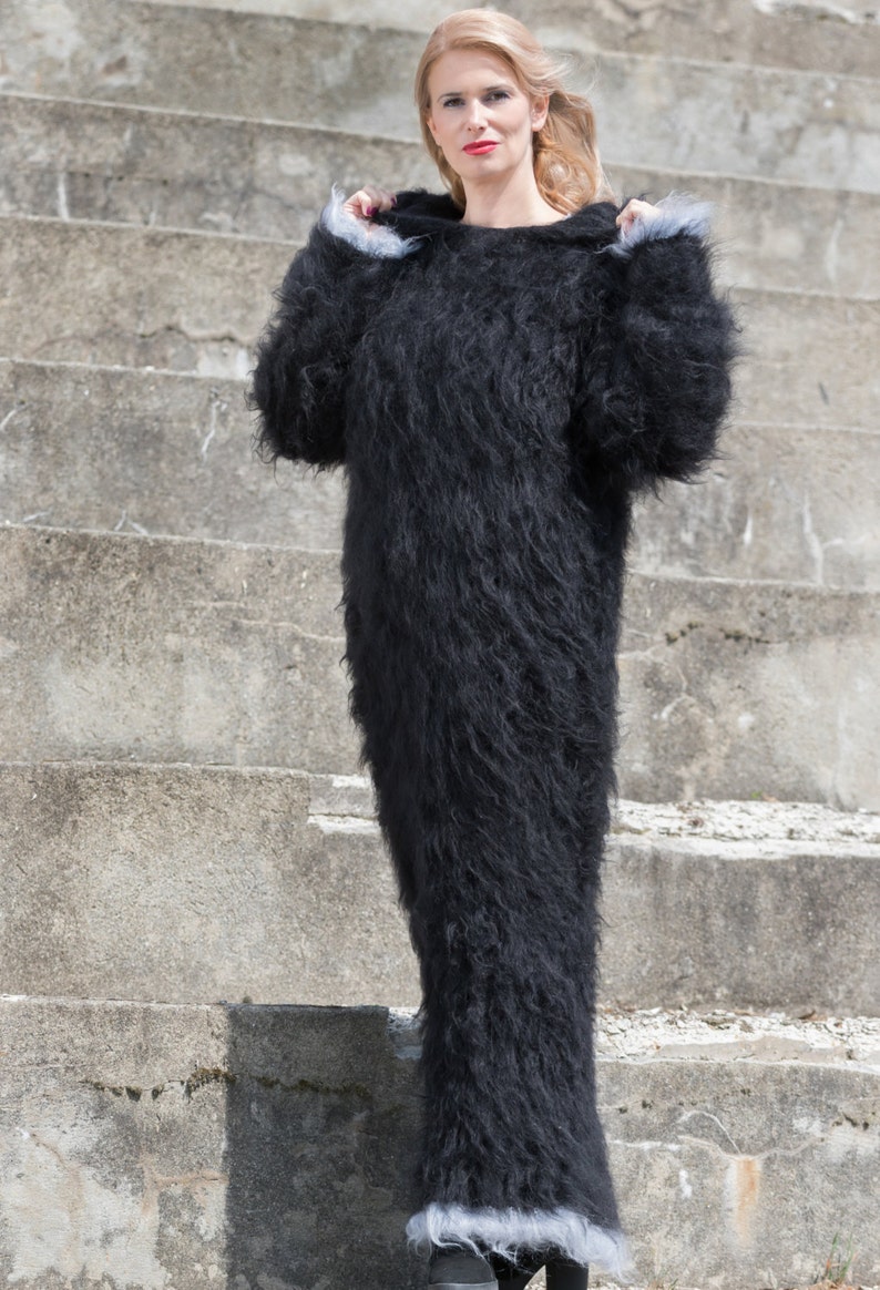 Black Handmade Mohair Dress, Fuzzy Dress, Long Ribbed Dress, Fetish ...