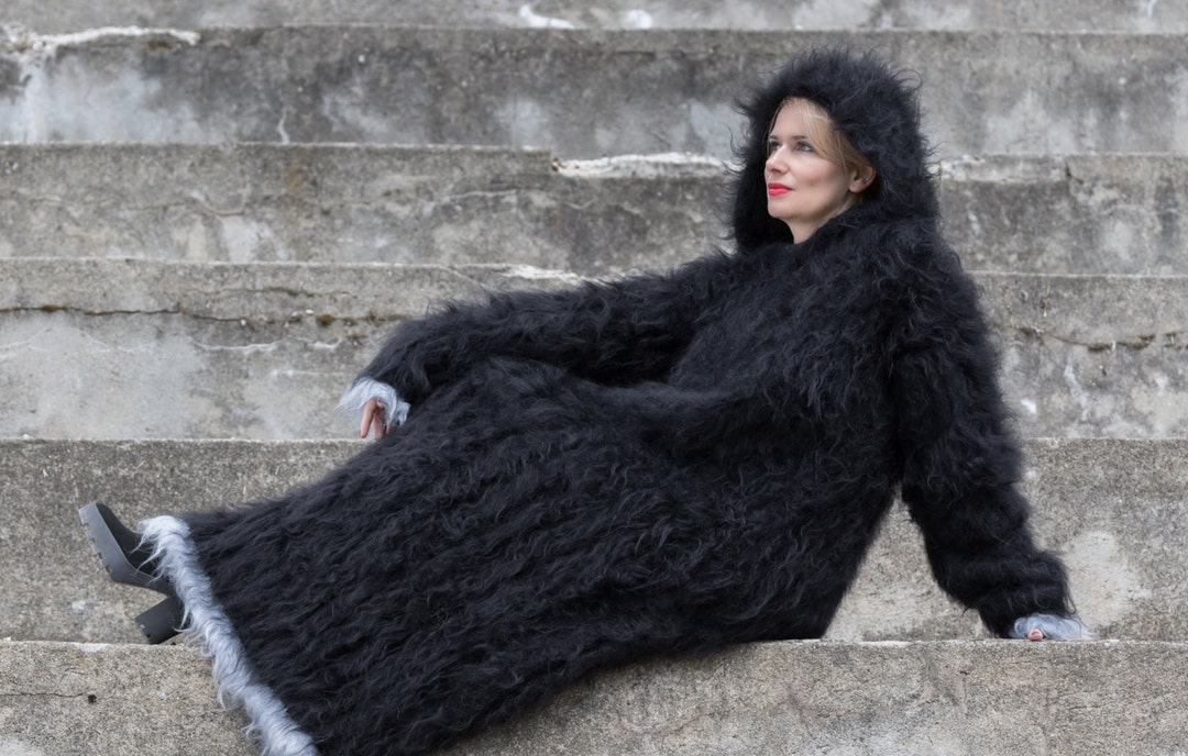 Black Handmade Mohair Dress, Fuzzy Dress, Long Ribbed Dress, Fetish ...