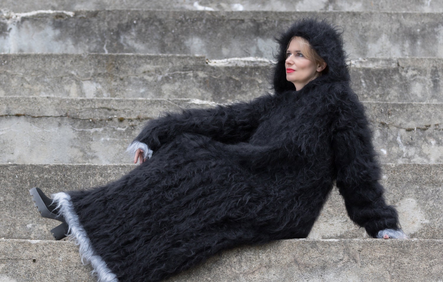 Black Handmade Mohair Dress, Fuzzy Dress, Long Ribbed Dress, Fetish ...