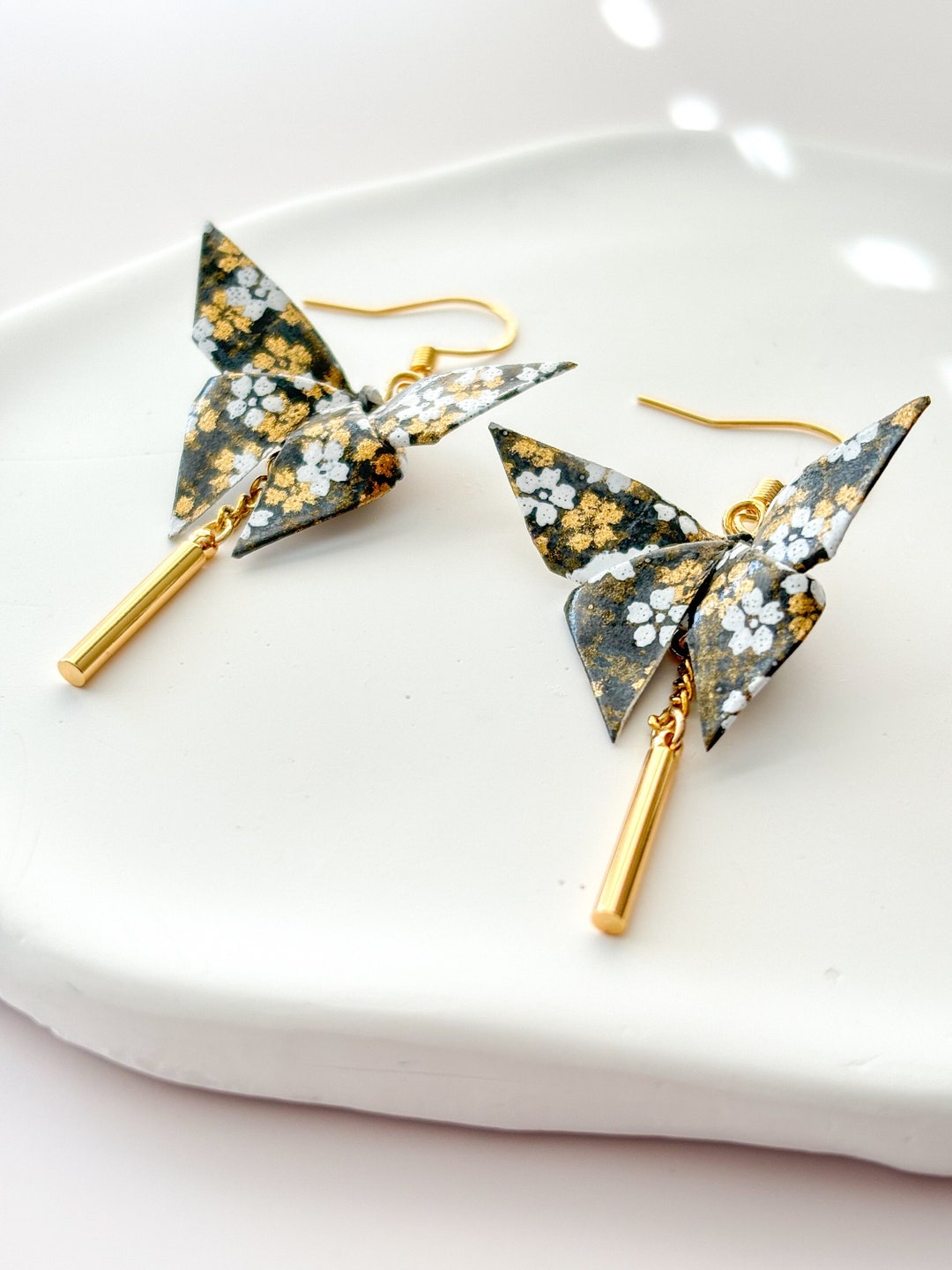Butterfly Origami Earrings【black & Gold】 Light Weight Dangling Earrings ...