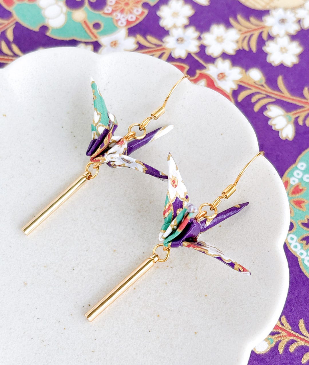 Crane Origami Earrings: Pueple, Yuzen Washi Paper, Gold Bar Dangles ...