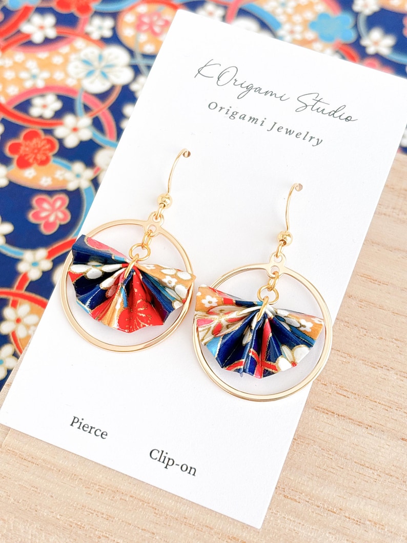 Fan Origami Earrings: Yuzen Washi Paper, Gold Hoop, Japanese Jewelry - Etsy