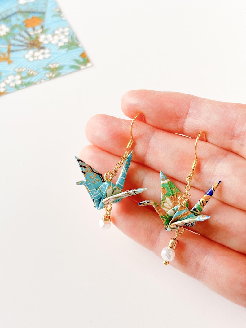 Crane Origami Earrings: Blue Floral, Japanese Washi Paper, Pearl ...