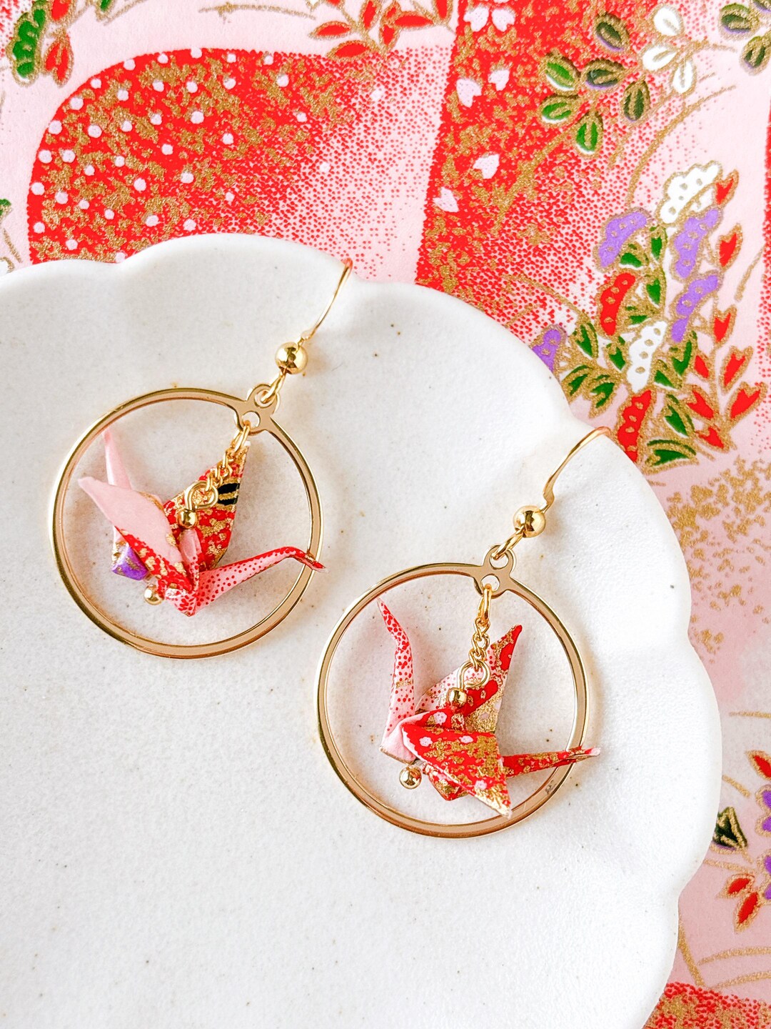 Crane Origami Hoop Earrings: Pink Floral, Japanese Washi Paper ...
