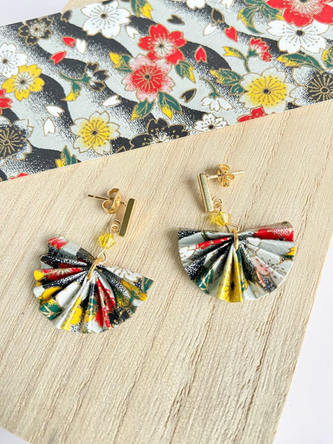 Fan Origami Earring With Kyoto Yuzen Washi Swarovski 18K - Etsy