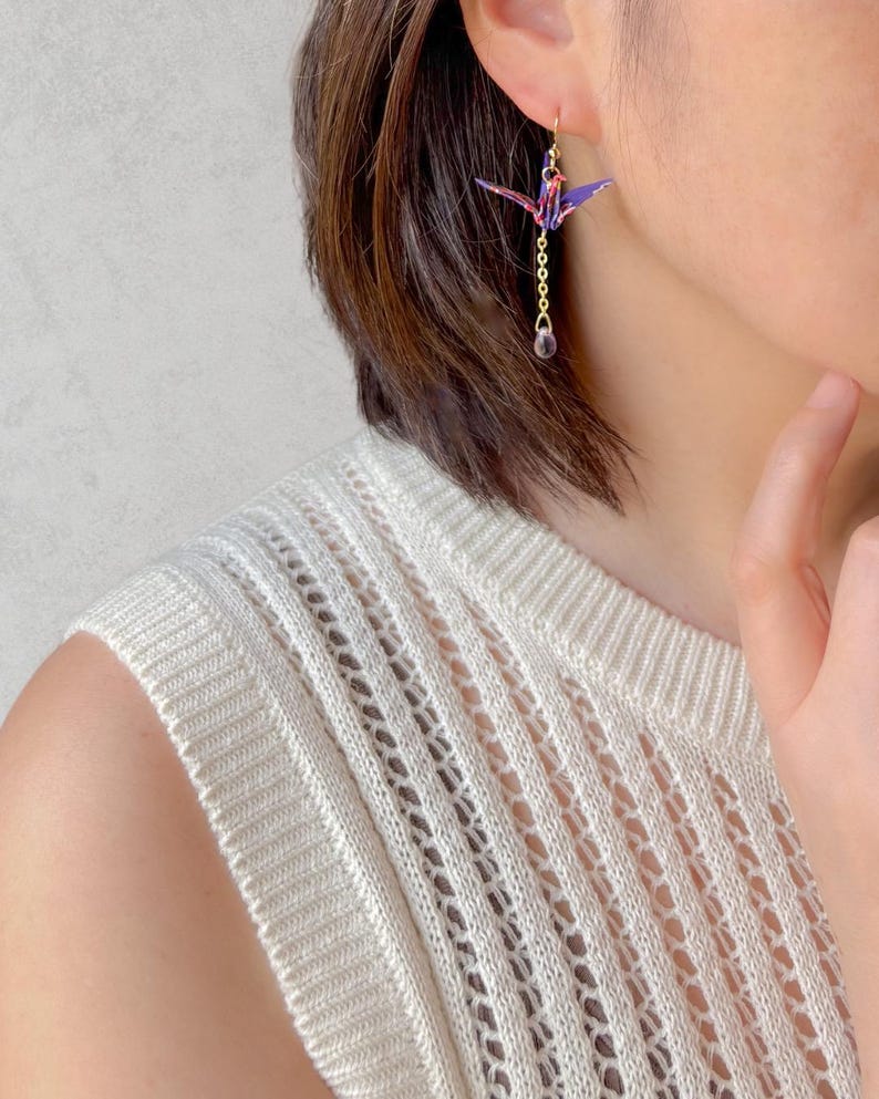 Crane Origami Earrings: Purple, Japanese Yuzen Washi Paper ...